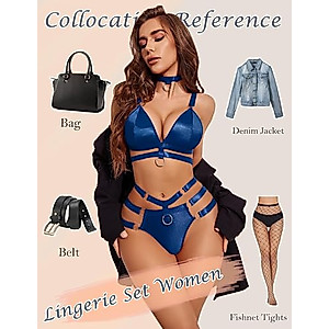 Avidlove Womens Lingerie Sexy Strappy Lingerie Push Up Bra and Panty Set with Choker 3 Piece Corset Lingerie Set Blue Medium