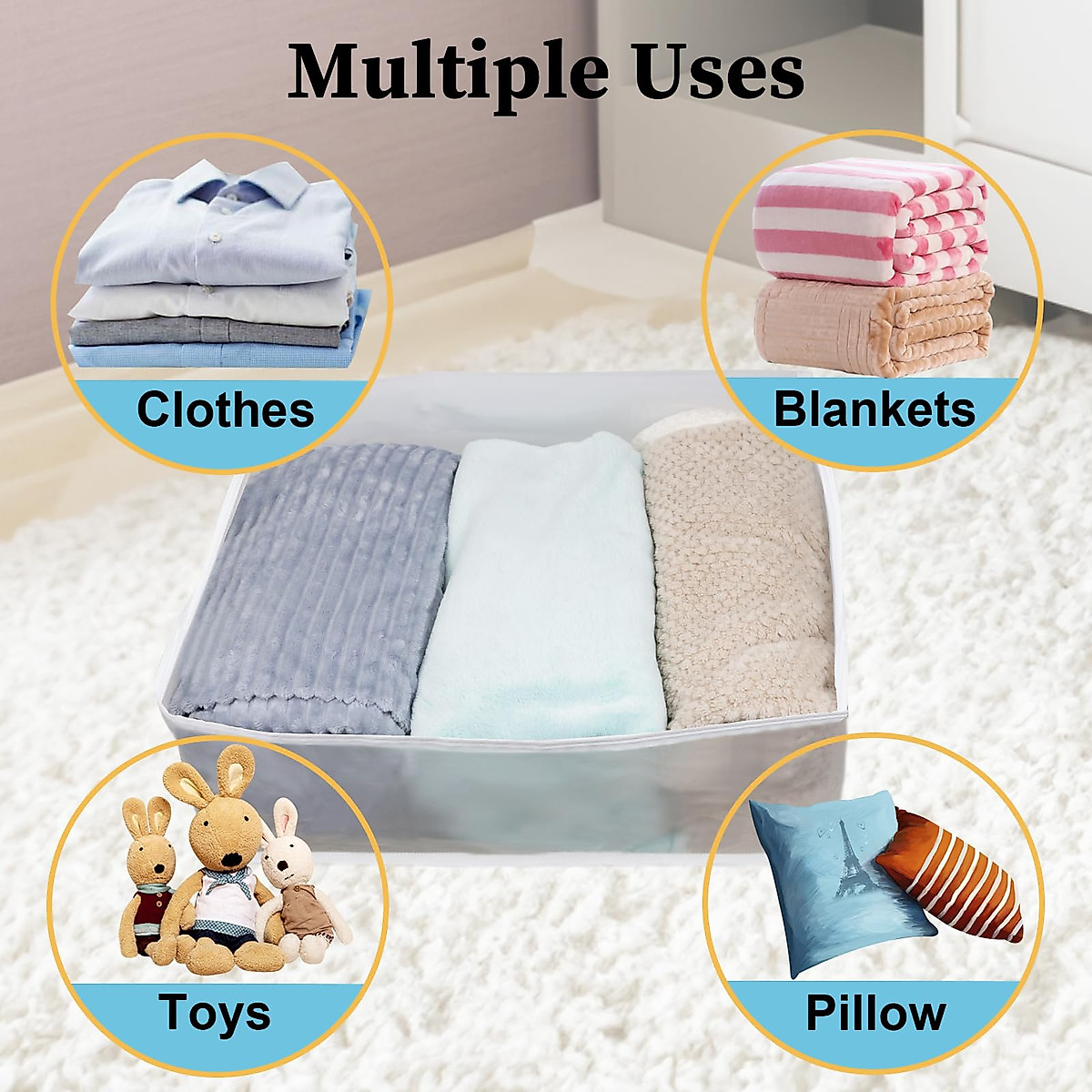 Fordonral Set of 6 Clear Clothes Storage Bags Large Thicken Clothes Organizer Bins for Blanket,Sheets,Quilt,Folded Clothes,Sweater,Jeans, Closet Organizers and Storage 6×60L