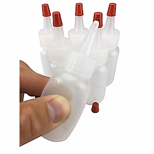 Hobbyland Squeeze Bottles, LDPE Plastic Bottles, Natural Boston Round Bottles, Yorker Spout Red Caps, Tips have .30 Hole (1oz, 20/410 Neck, 6 Bottles)