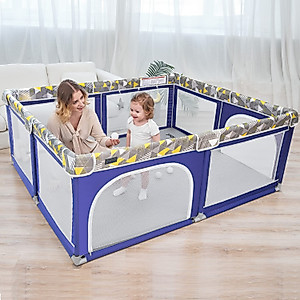 Anbel Baby Playpen with Mat, Extra Large Playyard, Playpen for Babies and Toddlers, Indoor and Outdoor Kids 71x59 Inches Playpen with Breathable Mesh, Blue
