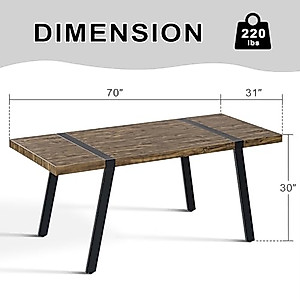 Comfy to go 70” Rectangluar Dining Table for 6-8 Person, Mid Century Modern Metal Frame Kitchen Table with 2.4” Thick Wood Grain Tabletop for Dining Living Room Farmhouse Furniture (Rustic Brown)