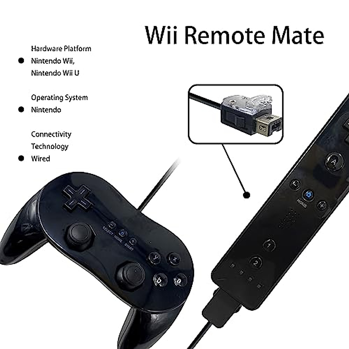 Larqety 2 Pack Wired Classic Controller Pro for Wii, Wii U Remote Console (Black)