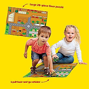 Hinkler Pull-back-and-go: Construction - 28-piece Floor Puzzle - Play Mat - Coloring and Activity Book - 6 Pull and Go Cars - Activity Set for Kids Aged 3 to 6