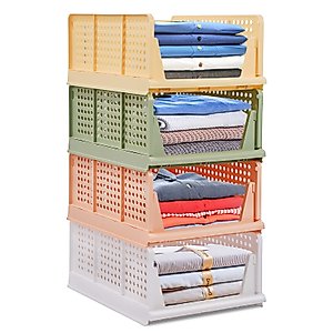 4-Pack Folding Wardrobe Storage Box Plastic Drawer Organizer Stackable Shelf Baskets Cloth Closet Container Bin Cube Home Office Bedroom Laundry Drawer Dividers for Clothes Toy Organization (Colorful)