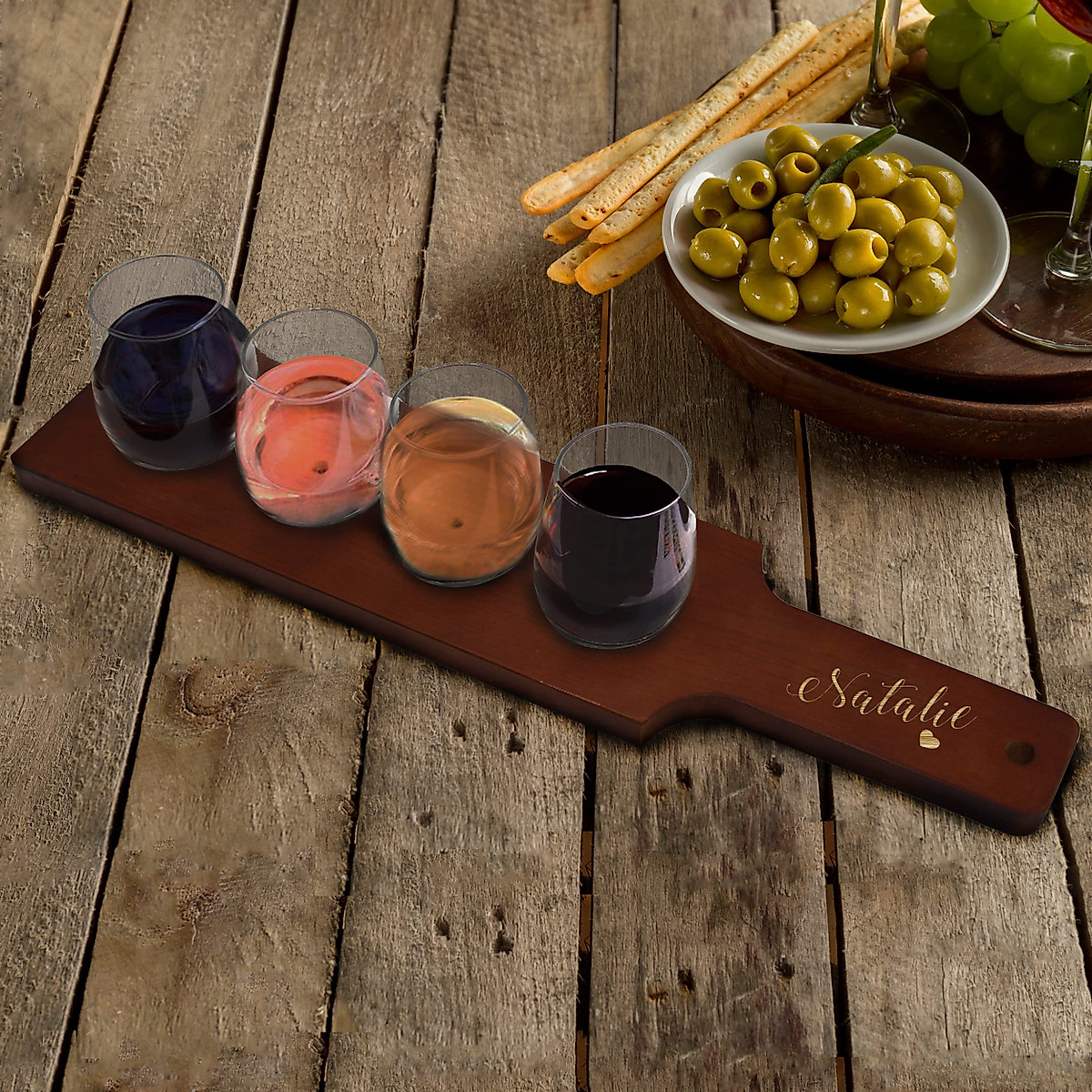 Custom Personalized Wine Tasting Flight Sampler Serving Set with 4 Glasses - Engraved Gift for Mom, Dad, Her, Him (Red/Brown Finish)