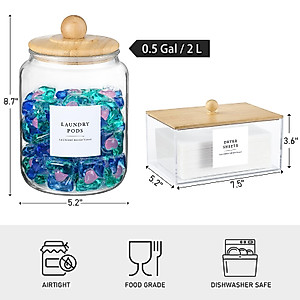 Glass Jars and Dryer Sheet Holder with Bamboo Lids, Dispenser Set and Labels, Containers for Laundry Room Organization and Storage, Half Gallon Airtight jars, Acrylic Storage Box for Laundry supplies