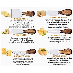 Makenna Premium Specialty Cheese Knife Set — Custom Storage Case Gift Box, Wide Solid Wood Handle, Stainless Steel Blade, Spreader, Slicer, Fork, 6 Pc Knives, Spatula for Charcuterie Board