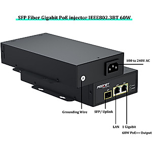 PROCET 60W SFP Fiber PoE Injector Gigabit SFP/ Uplink PoE Power Supply, LAN Multi-Options, IEEE802.3at/bt PoE++, PoE 6KV Surge Protection, Wide Temp -40℉ to 149℉, PT-PSE107GRO-S