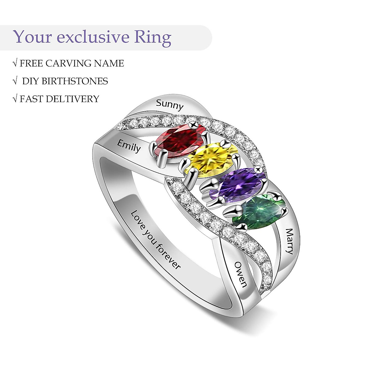 BAUMA AUTO Mothers Ring Personalized Mothers Rings with 4 Simulated Birthstones for Grandmother Mother Meaningful Anniversary Rings for Women Wife