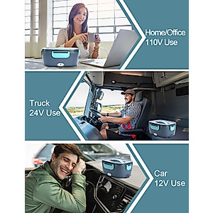 CHARMDOO Electric Lunch Box, 80W Portable Lunch Warmer Food Heater for Adults Car/Truck/Office 12/24/110V, Fast Heating Lunchbox with Leak Proof Lid SS Container, Grayish Blue
