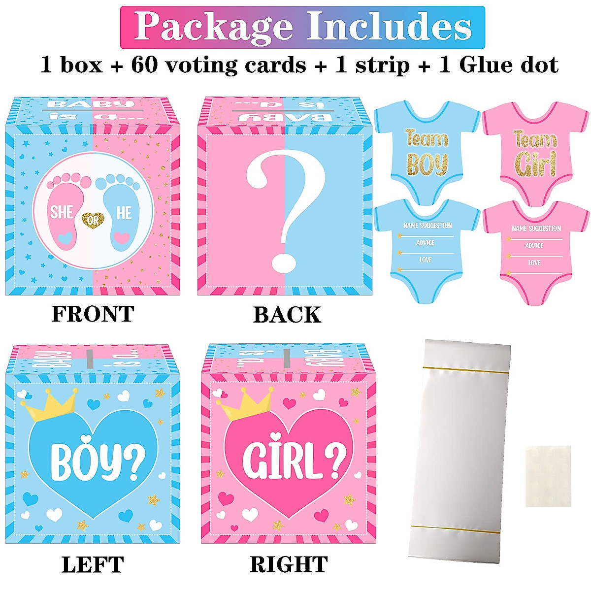 hongpar Baby Gender Reveal Pull Out Game , Voting Box with 60 Ballot Cards, Boy or Girl, Party Supplies,Pink and Blue
