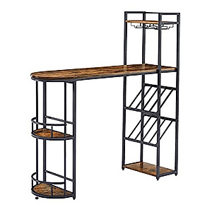 KIVENJAJA Bar Table with Wine Racks, Storage Shelves & Glass Holders, Industrial Small High Top Kitchen Table for 2, 36.4” Counter Height Dining Table Home Bar Unit, Rustic Brown and Black