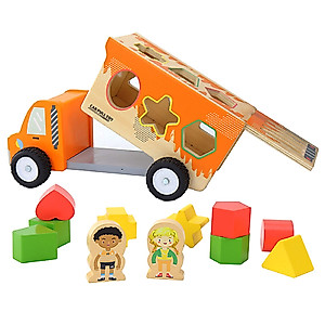Leo & Friends Shape Sorting Dump Truck - Toddlers Educational Shape Sorter Car - 9 Different Wooden Shape Sorter Toy for Kids - Wooden Vehicle Toys - Perfect Birthdays Holidays and Christmas Gifts