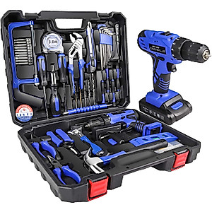 jar-owl 21V Tool Set with Drill, 350 in-lb Torque, 0-1350RMP Variable Speed, 10MM 3/8'' Keyless Chuck, 18+1 Clutch, 1.5Ah Li-Ion Battery & Charger for Home Tool Kit
