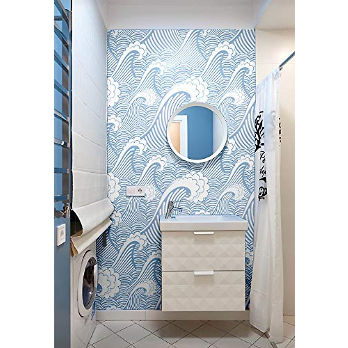 Cute Sea Waves Adhesive Shelf Liner Peel & Stick Dresser Drawer Sticker Cabinet Sticker Furniture Contact Paper, 17.7 Inch by 9.8 Feet (17.7 Inch by 9.8 Ft, Blue/White)