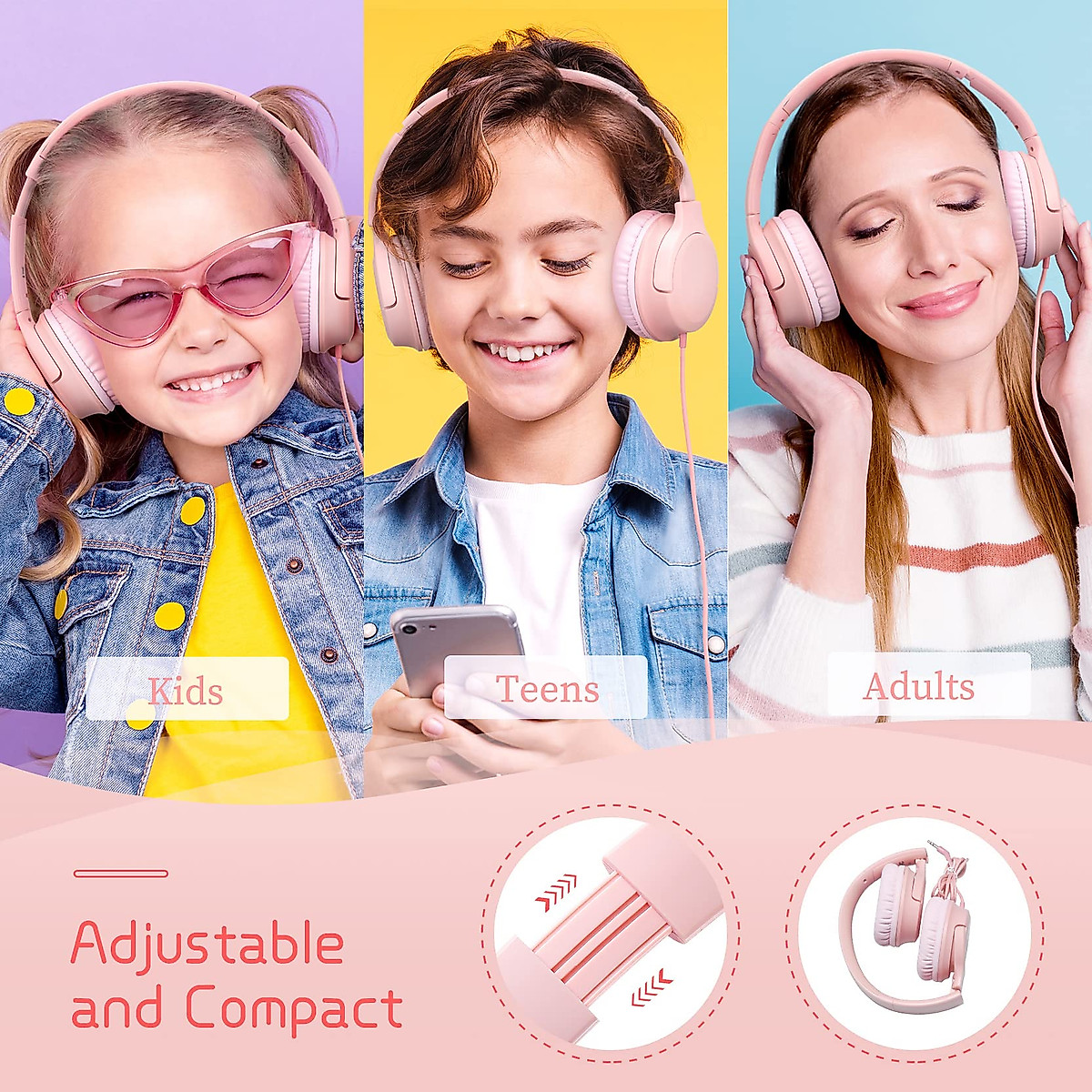 Kids Headphones, 94dB Volume Limit Wired Headphone for Kids, Foldable Lightweight Toddler Headphone Over Ear for School Airplane Travel, Soft Earmuff, 3.5mm Wired Headset for iPad Chromebook Girls Boy