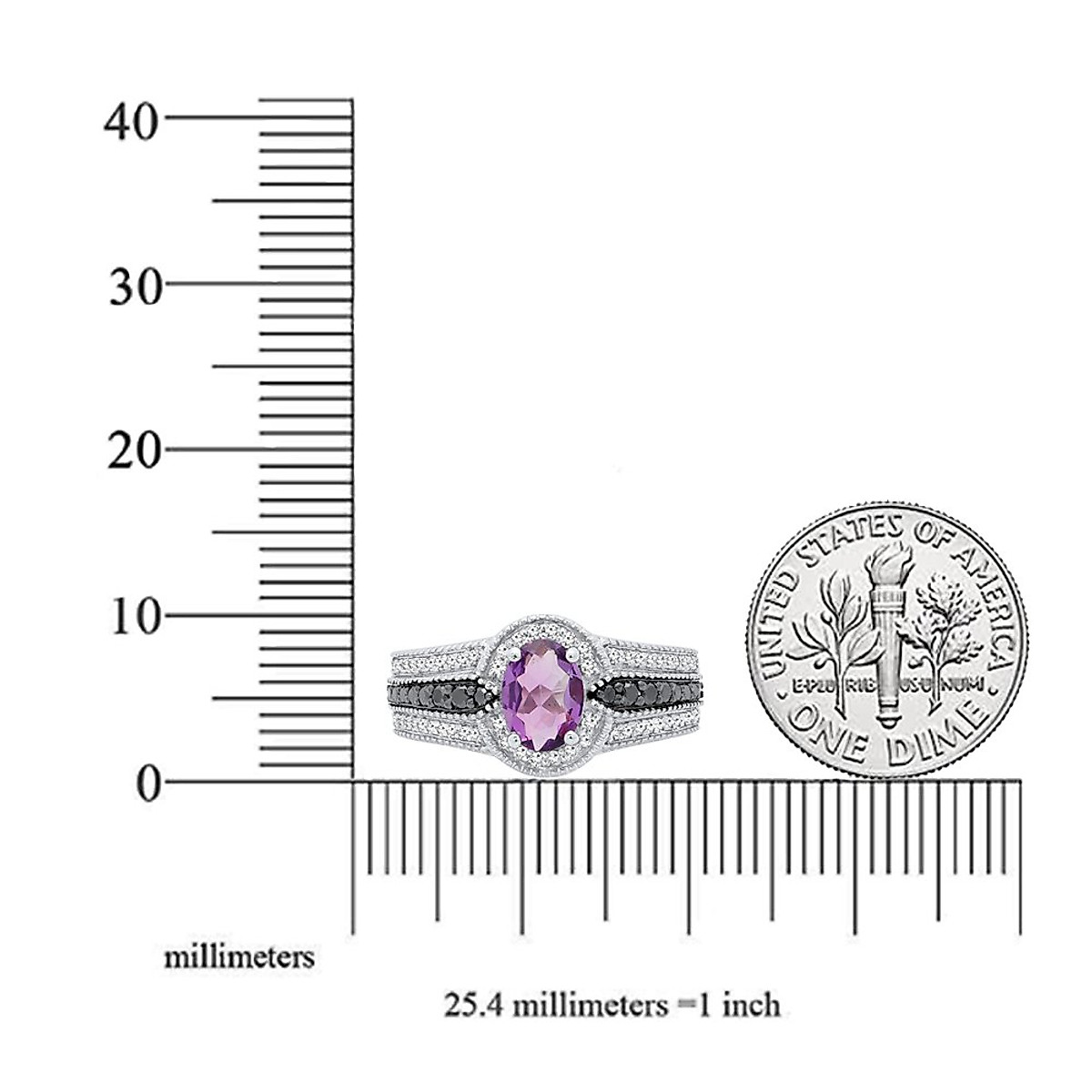 Dazzlingrock Collection Sterling Silver 7X5 Oval Cut Amethyst & Round Black & White Diamond Engagement Ring, Size 5
