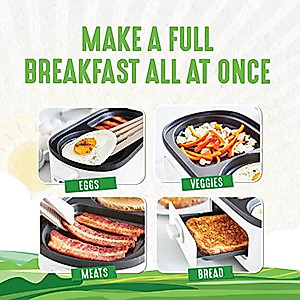 GreenLife 3-in-1 Breakfast Maker Station, Healthy Ceramic Nonstick Dual Griddles for Eggs Meat and Pancakes, 2 Slice Toast Drawer, Easy-to-use Timer, White