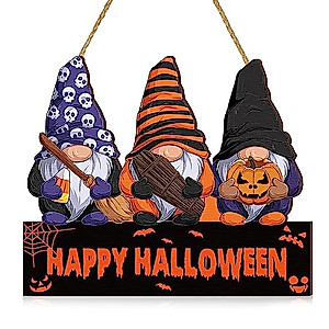Tradder 1 Set Halloween Hanging Sign Gnome Door Hanger Wooden Decorative Hanging Halloween Sign Rustic Happy Halloween Door Sign Decor for Halloween Porch Home Wall Farmhouse Outdoor