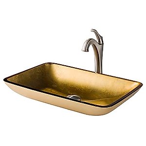 KRAUS 22-inch Rectangular Gold Glass Bathroom Vessel Sink and Spot Free Arlo Faucet Combo Set with Pop-Up Drain, Stainless Brushed Nickel C-GVR-210-RE-1200SFS