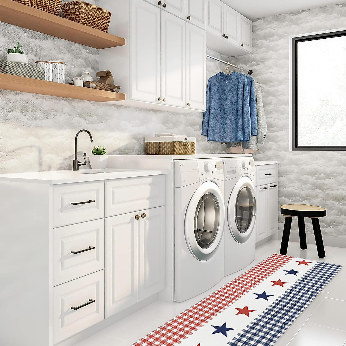 Rampower Kitchen Rugs, Independence Day Star Blue Red Plaid Buffalo Check 4th of July Non Slip Runner Rug Mat for Floor, Kitchen, Bedside, Sink, Office, Laundry, 19.7"X47.2"