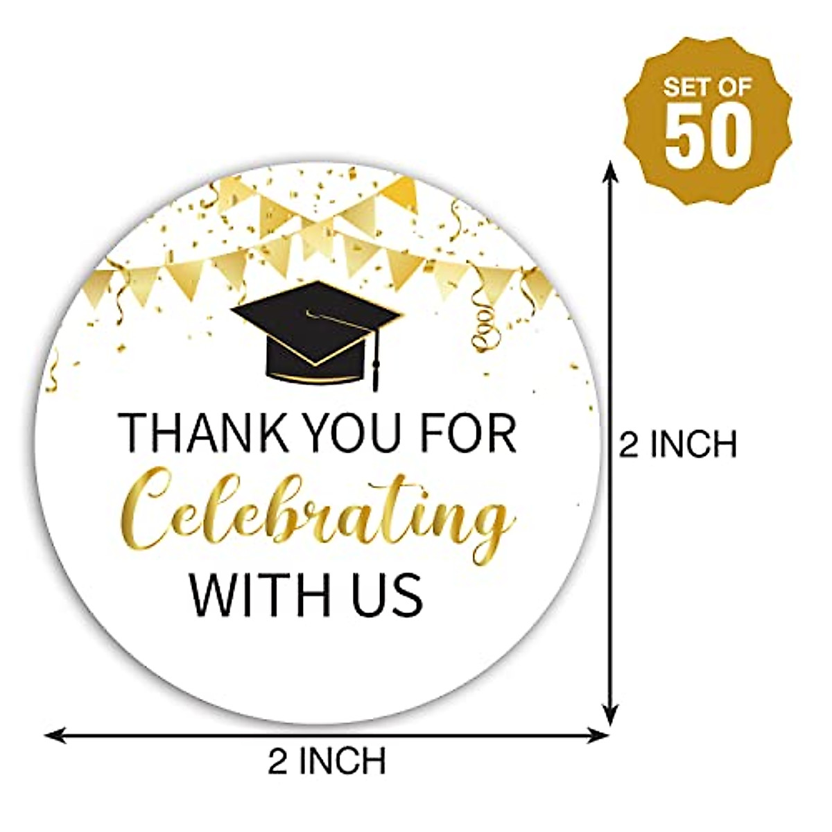 2" Gold Graduation Thank You Stickers, 50 Congrats Grad Party Round Favor Sticker Labels.
