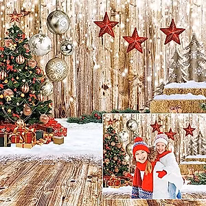CHAIYA 8X8FT Christmas Backdrop Wood Floor Backdrop Winter Snow Xmas Tree Gift Christmas Family Party Background New Year Party Decoration Backdrop CY243
