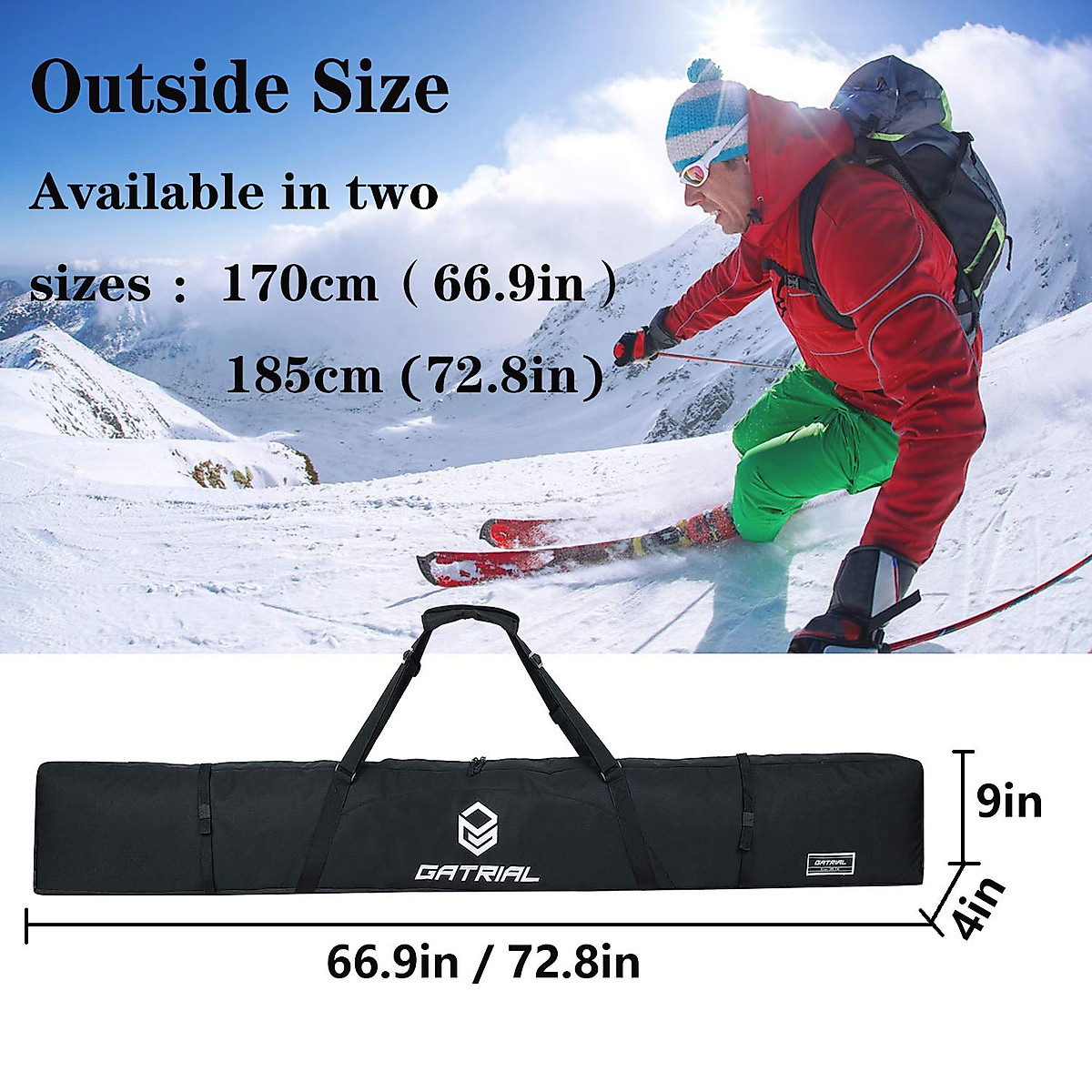 G GATRIAL Snow Padded Ski Bags for Air Travel - Single Ski Carry Bag for Cross Country, Downhill, Ski Clothes, Snow Gear, Poles and Accessories for Ski Carrier Travel Luggage Case Black 185CM