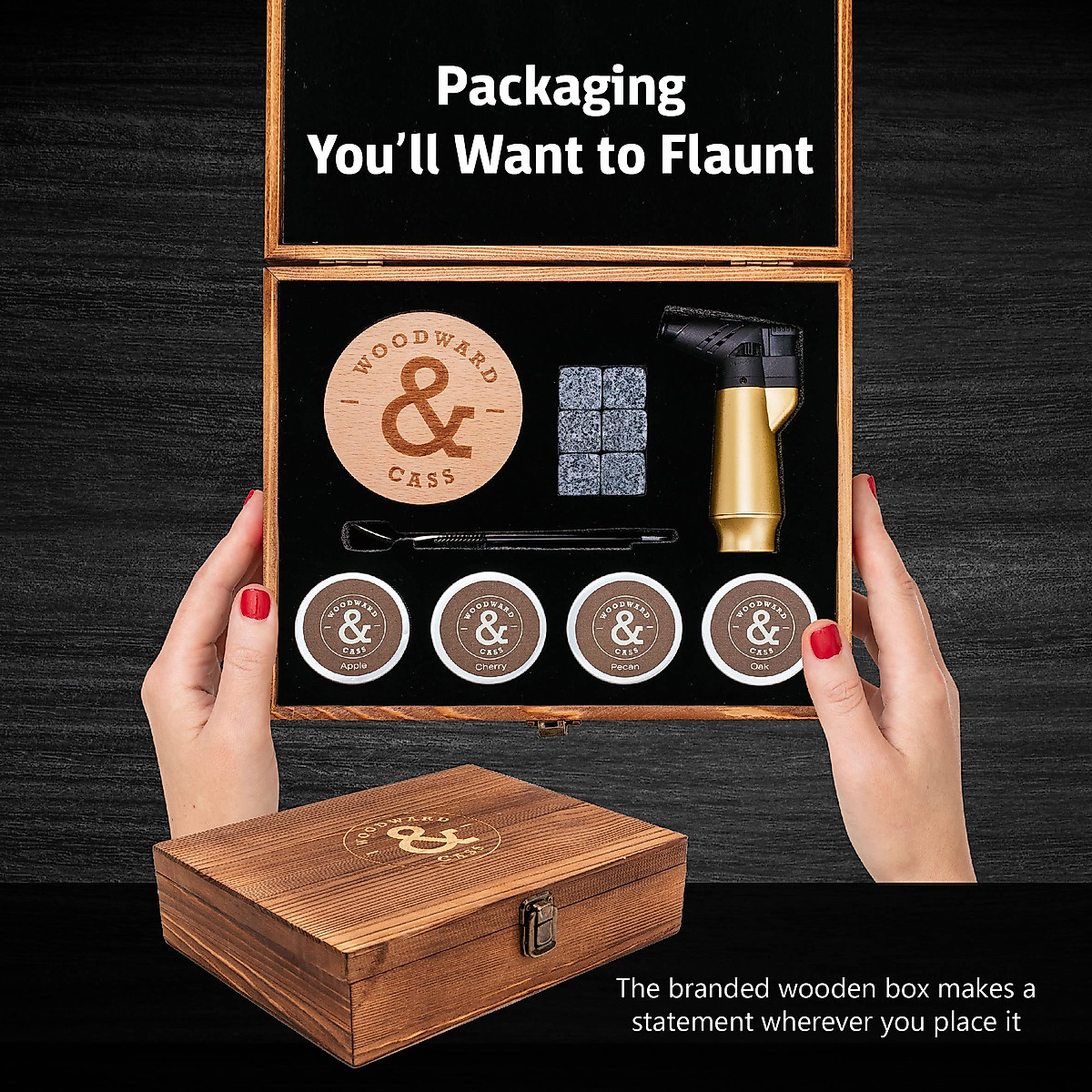 Woodward & Cass Whiskey Smoker Kit with Torch - 8 Piece Set - Drink Smoker Infuser Kit with Wood Box, Torch, Smoker, 4 Wood Chip Flavors, and Recipe Booklet - Bourbon Smoker Kit for Drinks