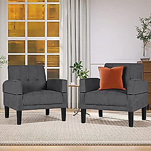 TYBOATLE Mid-Century Modern Upholstered Fabric Living Room Accent Arm Chairs Set of 2, Tufted Bedroom Office Armchair Single Sofa, Reading Lounging Side Lounge Chair Living Room Furniture (Grey)