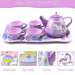 Motiloo 48Pcs Tea Set for Little Girls,Kids Pretend Toy Tin Tea Set and Carrying Case,Rainbow Magic Unicorn Design for Girls Princess Boys 3-6