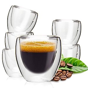OAMCEG 6 Pack Espresso Shot Glasses 2.7 Ounces Double Wall Espresso Cups Thermo Insulated Small Espresso Cups, Latte Cappuccino Milk Juice Coffee Cups (Set of 6, 2.7oz)
