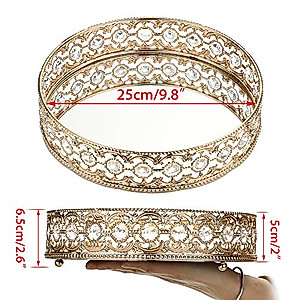 ELLDOO Crystal Mirror Vanity Tray - 9.8" Round Jewelry Trinket Tray Gold Decorative Tray for Dresser Glass Makeup Tray Bathroom Tray Storage Perfume Organizer for Bedroom