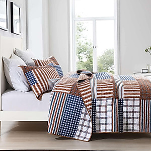 Cinefoso King Size Quilt Set, Brown Blue Striped Bedding Set, Reversible Lightweight Quilt Bedspreads for All Season, 3-Piece