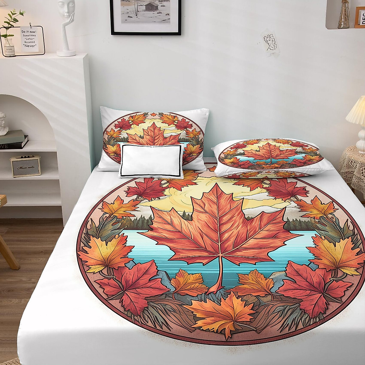 Full Size Sheet Sets - Fall Leaves Bed Sheets, Maple Leaf Bedding Sheets & Pillowcases, Soft Microfiber & Deep Pocket & Wrinkle Free Patterned Sheet Set, 1 Fitted Sheet, 1 Flat Sheet, 2 Pillow Cases