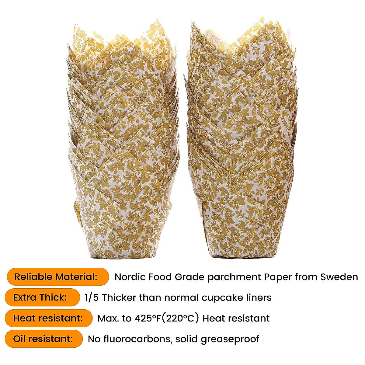 Bake Choice Nordic Paper 200pcs Tulip Cupcake Liners for baking cups with Fancy White design with Gold leaves EU Parchment paper Tulip Muffin liners, Cupcake Wrappers for Party, Wedding, Birthday