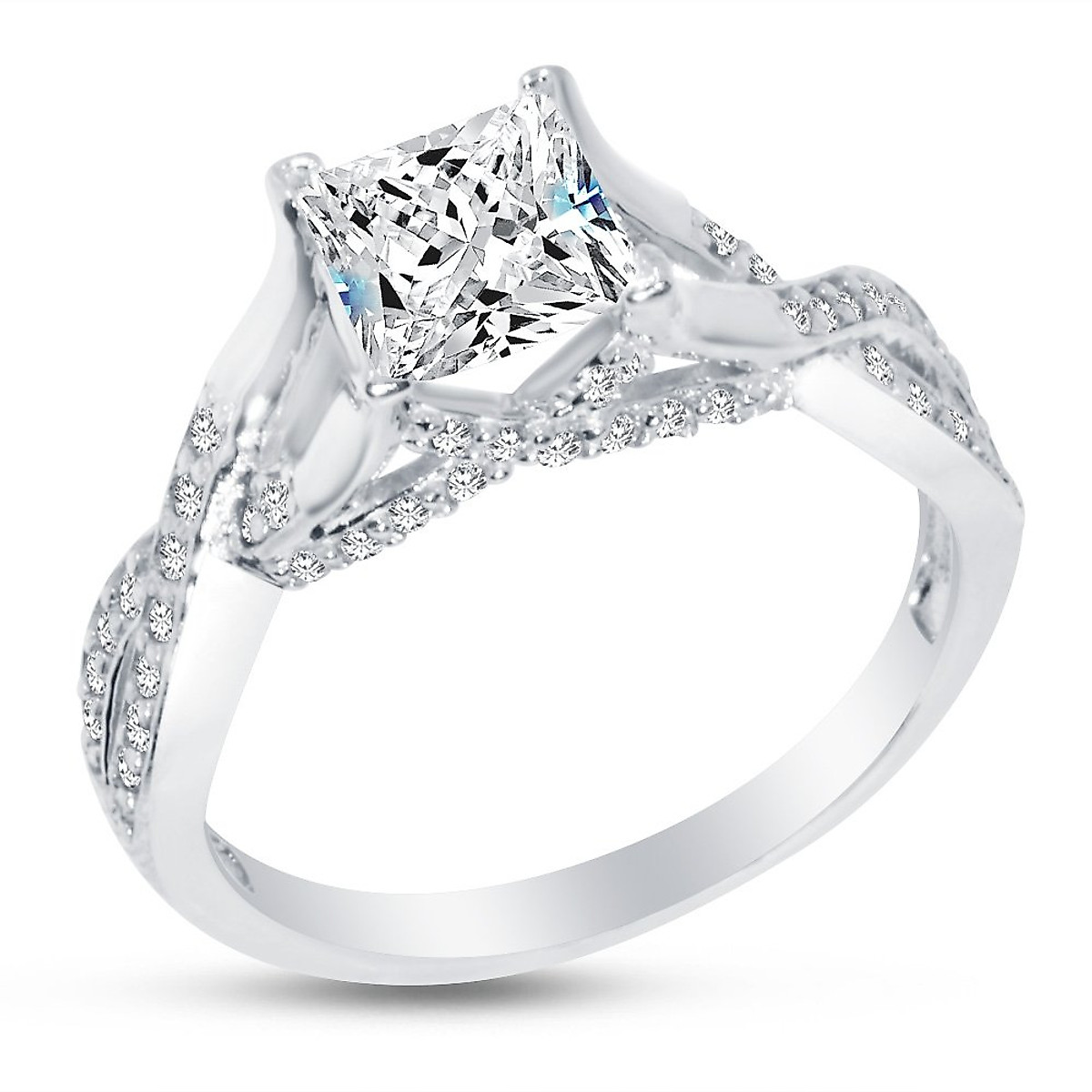 Size - 7 - Solid 14k White Gold Princess Cut Infinity Twist Solitaire Engagement Ring CZ Cubic Zirconia (2.0cttw., 1.0ct. Center)