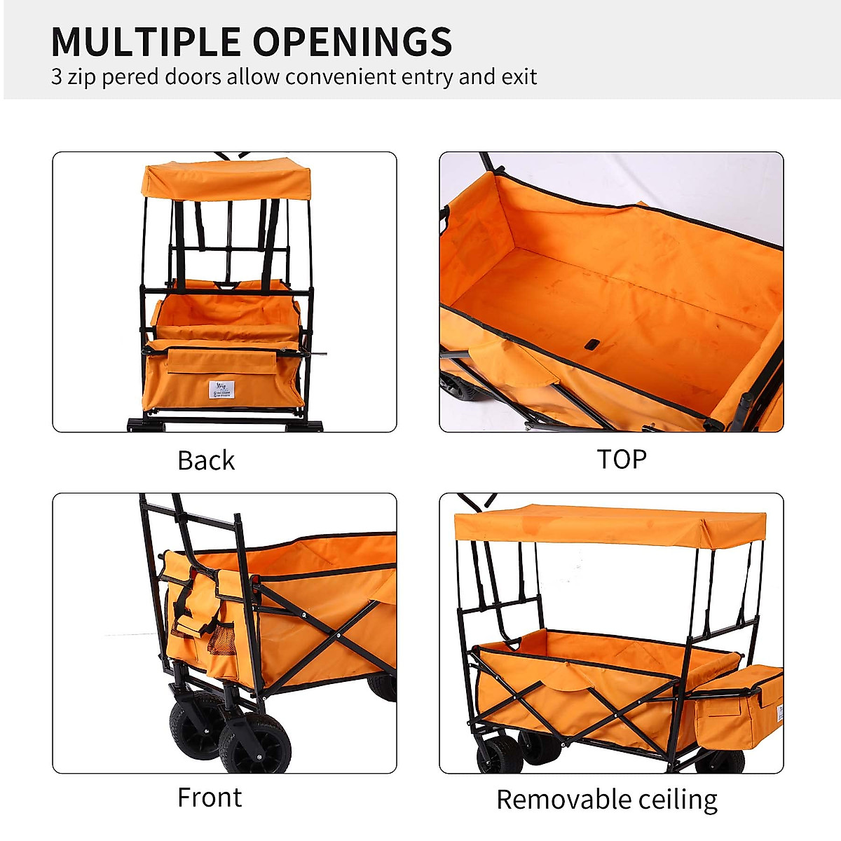 Heavy Duty Collapsible Cart, Foldable Cart Outdoor Utility Wagon w/4 * 7'' All-Terrain Wheels & Adjustable Handle & Extra Canopy & 2 Mesh Bags for Camping Fishing, Dog Wagon (Orange)