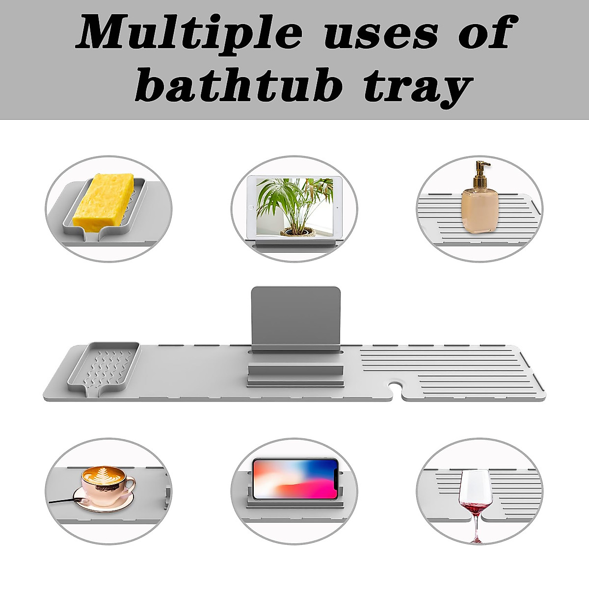 Bath Shelf Over Tub, Silicone Bathtub Tray Caddy, 35.4 * 6.5 Inches Bathtub Table Tray for Adults, Bath Board with Book Stand and Soap Tray