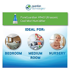 PureGuardian Ultrasonic Cool Mist Humidifier, 30 Hrs. Run Time, 0.5 Gal. Tank Capacity, 350 Sq. Ft. Coverage, Small Rooms, Quiet, Filter Free, Silver Clean Treated Tank, H940AR
