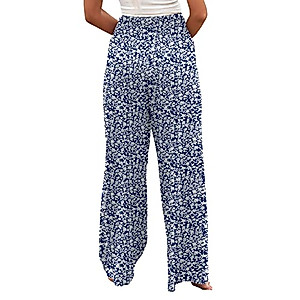 JASPAL Women Casual High Waisted Palazzo Pants Wide Leg Long Lounge Trendy Trousers with Pocket-L-Blue White Flower