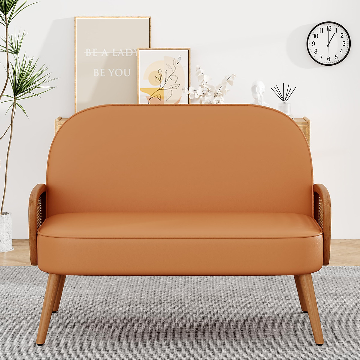 WENTMENT Loveseat Sofa Small Couch for Living Room, Faux Leather Mini Couch Love Seat with Natural Rattan Armrest and Solid Wooden Legs Small Sofa for Small Space, Bedroom, Apartment（Orange）