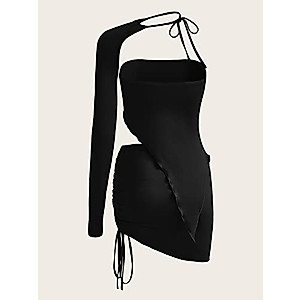 Verdusa Women's 3 Piece Outfit Y2K Tube One Shoulder Top Shrug and Drawstring Ruched Bodycon Mini Skirt Sets Black S