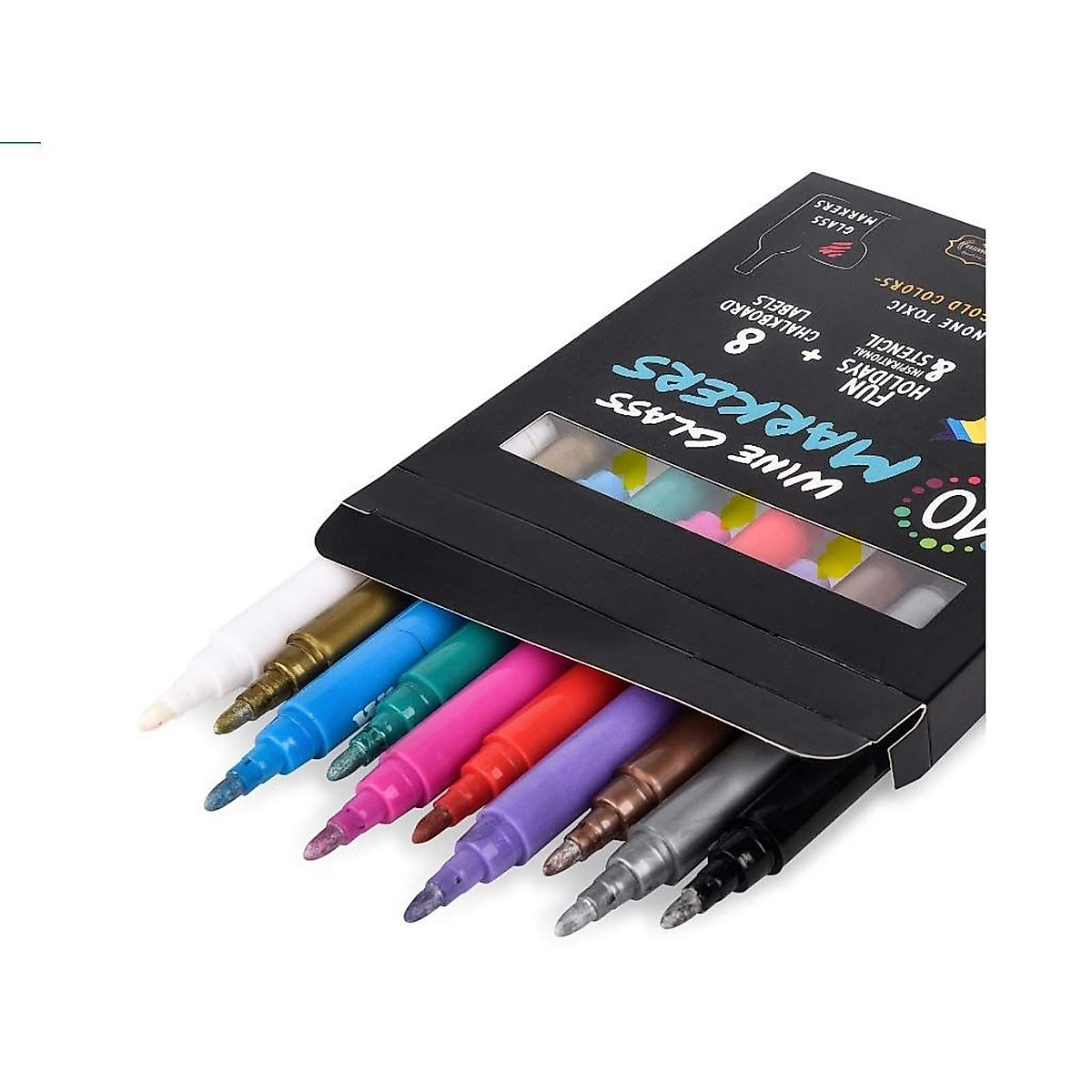 Wine Glass Markers, Pack of 10 By Vaci + Stencils + Glass Lables, Metallic Color Pens Drink Markers, Personalize your Drink, Washable Wine Accessories Gift