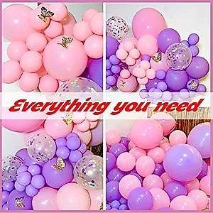 Pastel Pink Purple Balloon Garland Arch Kit 129 Piece Butterfly Theme Balloon Arch with Confetti Latex Balloons for Girls Women Birthday Baby Bridal Shower Wedding Party Decoration