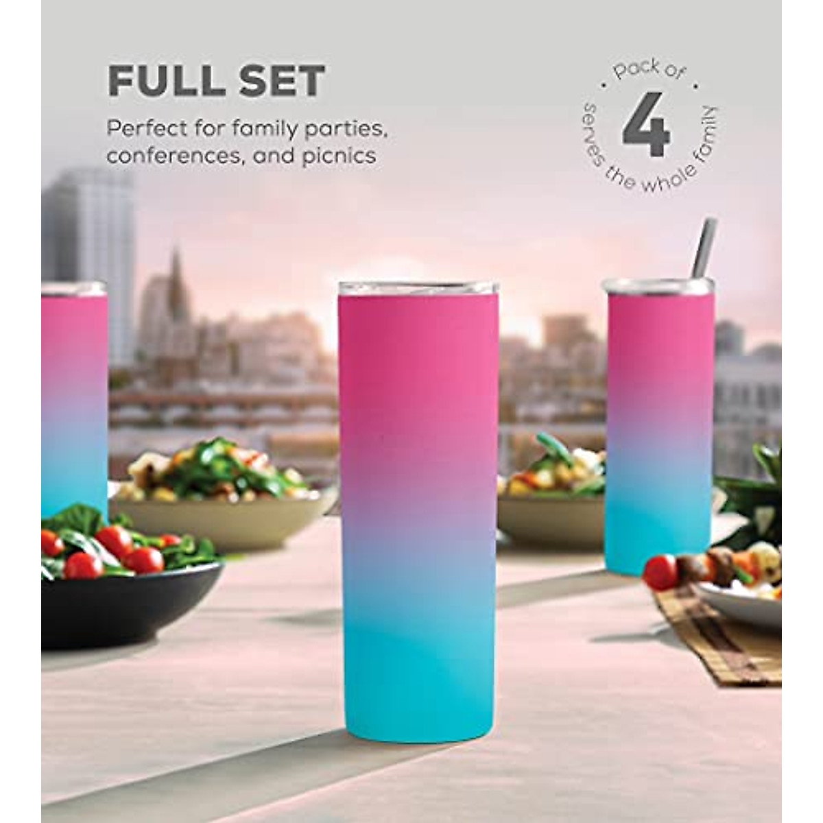 FineDine Insulated Skinny Stainless Steel Tumbler Set - 4-Pack 20oz Tumbler with Straw - Travel Mug With PBA Free Lids - Slim Vacuum Keep Hot and Cold - For Home, Office. (Pacific Blue Rose Blend)
