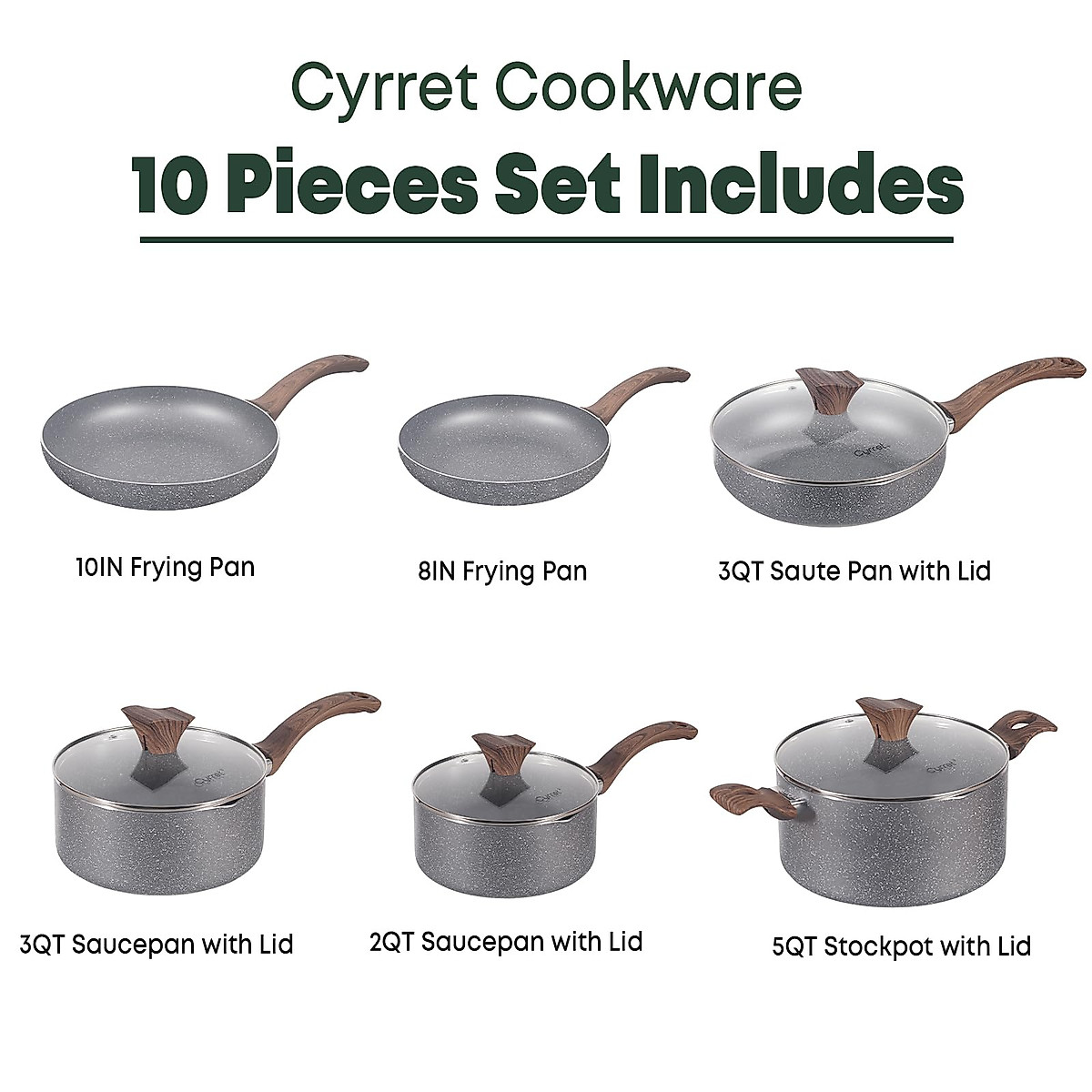 Cyrret Pots and Pans Set, Nonstick Cookware Set - 10 Pieces Granite Kitchen Cookware Sets, Induction Compatible Cooking, Dishwasher and Oven Safe, PFOA Free