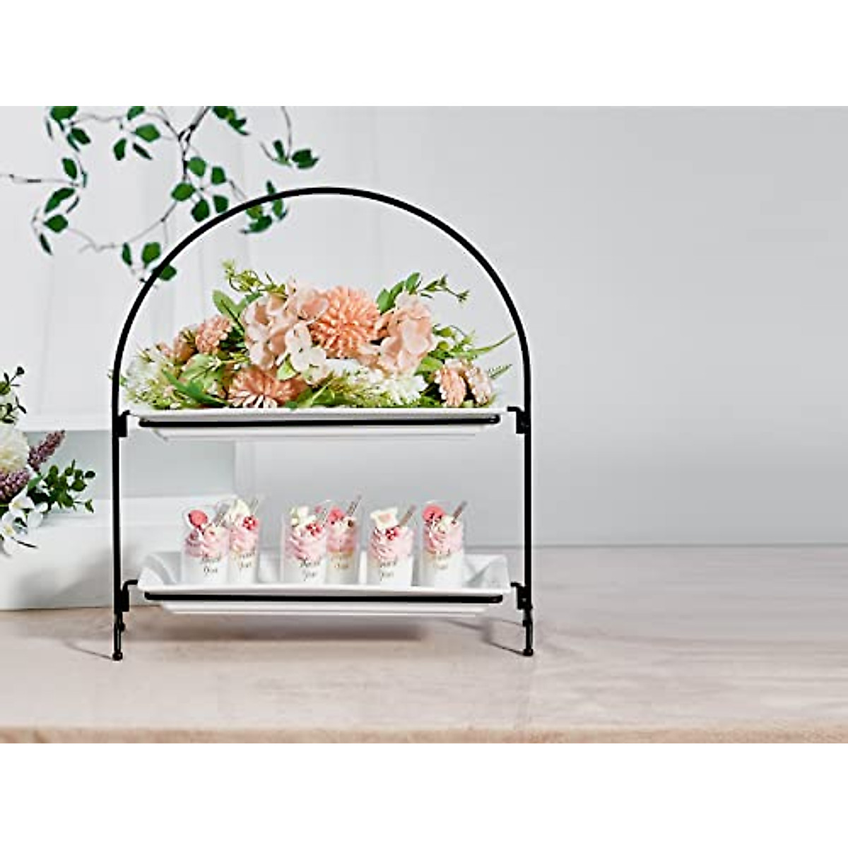 ONEMORE 2-Tier Large Serving Tray, Collapsible Arch Food Display Two Tiered Tray Stand with Rectangular Ceramic Platters Perfect for Parties and Entertaining - Bright White