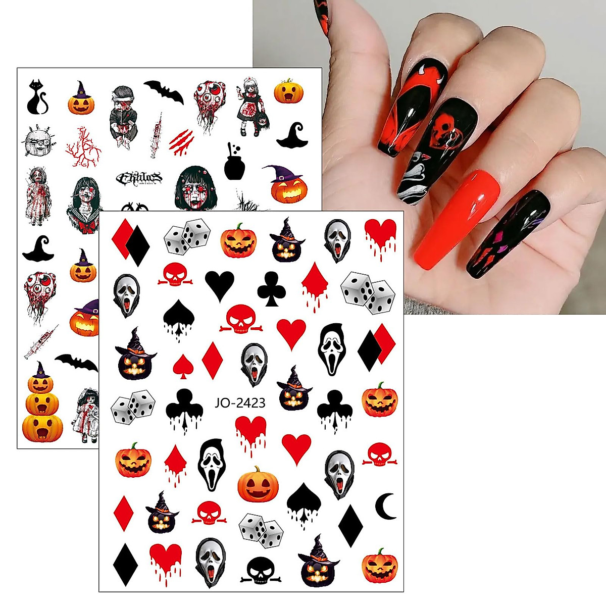 JMEOWIO 12 Sheets Halloween Nail Art Stickers Decals Self-Adhesive Pegatinas Uñas Cute Ghost Pumpkin Pink Nail Supplies Nail Art Design Decoration Accessories