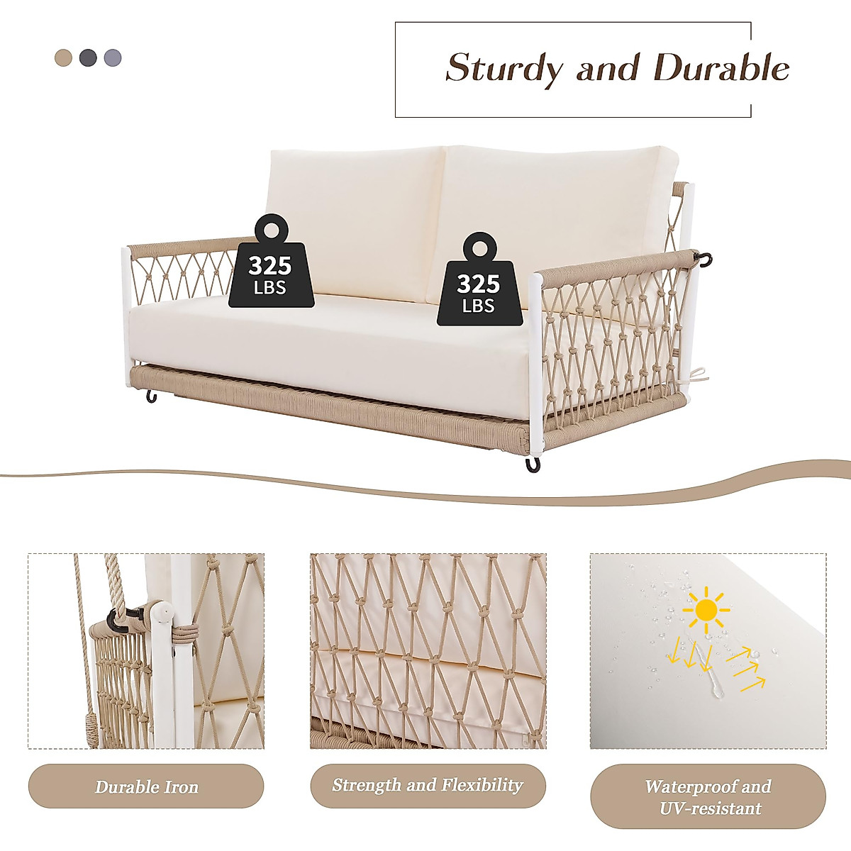 Quarte 1-Piece Woven Rope Outdoor Swing Sofa, 2-Person Porch Swing Bench with Soft Cushions, Patio Furniture for Garden, Backyard, Poolside (Beige/Rope)